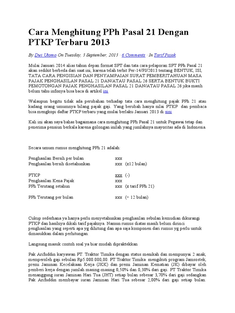 Cara Menghitung PPH Pasal 21 Dengan PTKP Terbaru 2013 | PDF