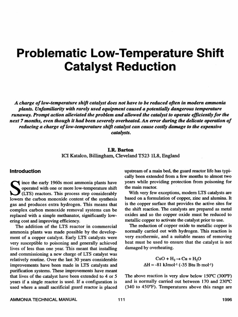 Low-Temp Shift Catalyst Reduction | PDF | Physical Sciences | Process Engineering