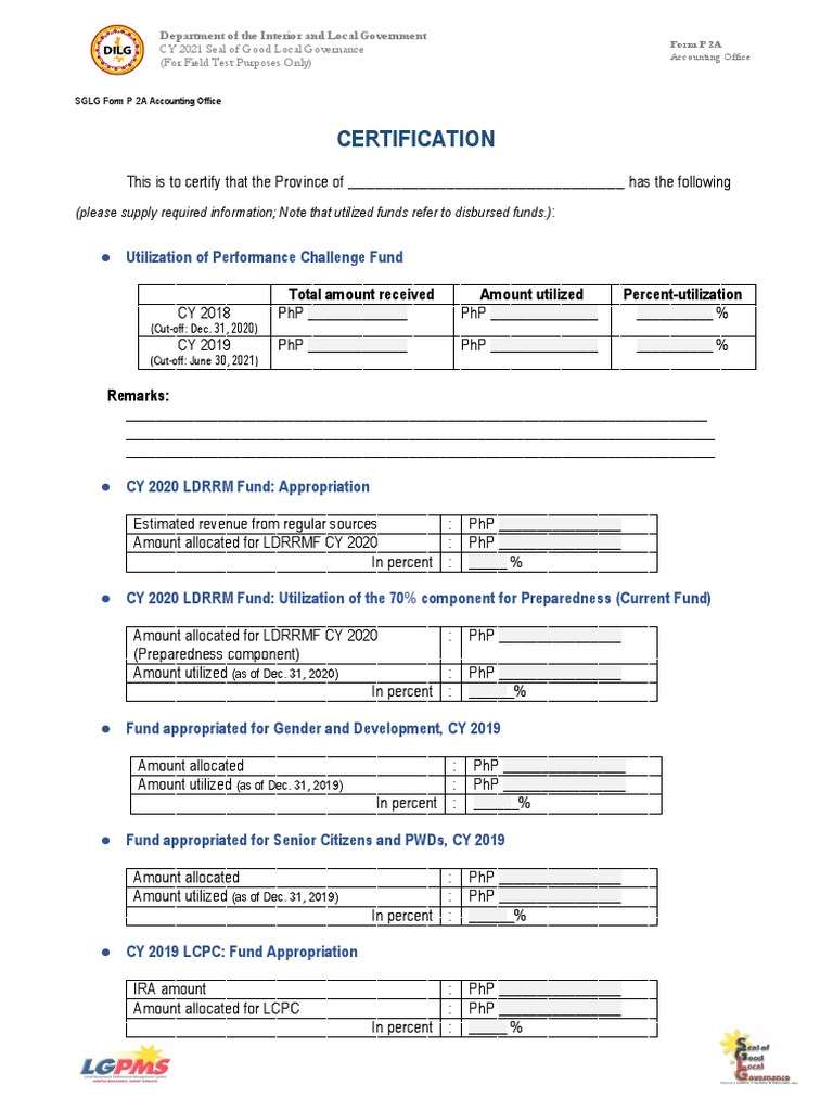 SGLG Form P 2E DILG Certification | PDF | Certification | Economies