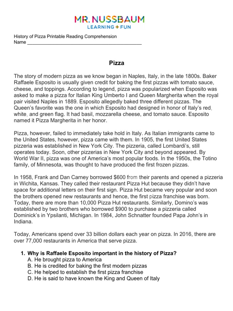 Pizza: History of Pizza Printable Reading Comprehension Name | PDF ...