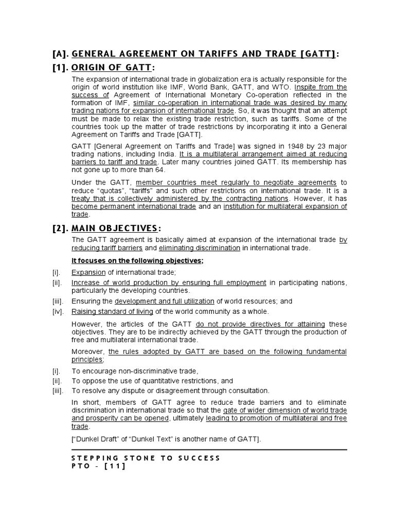(A) - General Agreement On Tariffs and Trade (Gatt) : (1) - Origin of ...