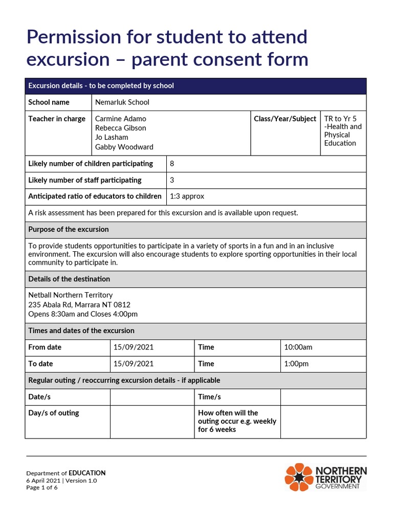 Student Excursion Parent Consent Form | PDF | Consent | Teachers