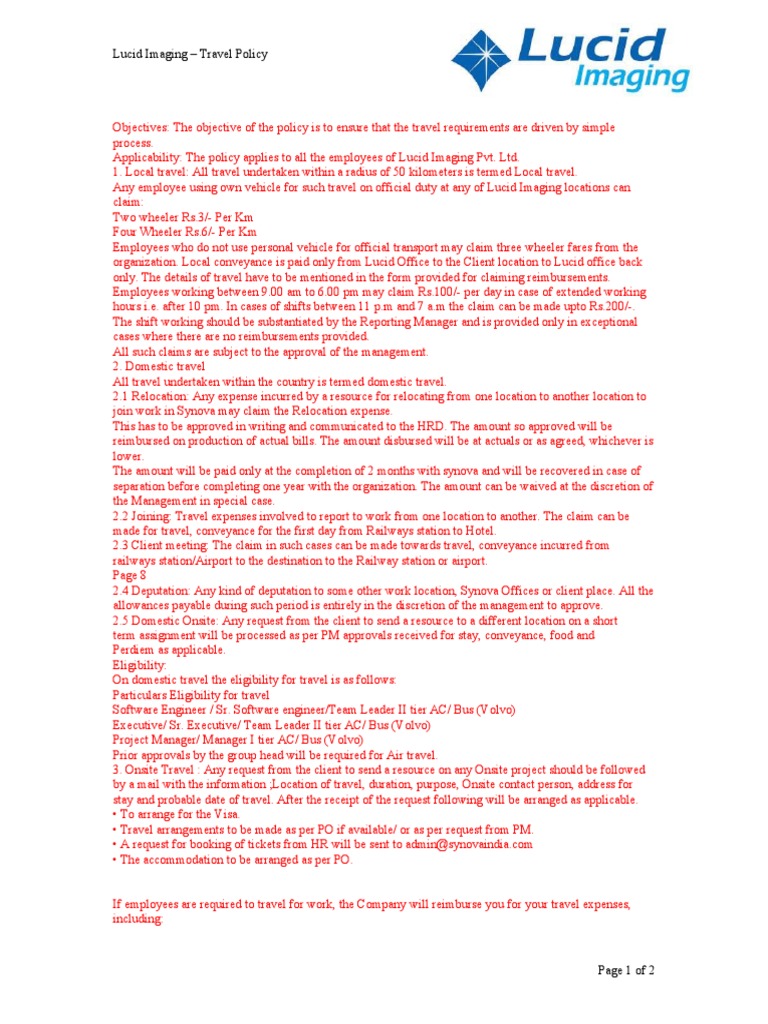 Lucid Imaging - Travel Policy | PDF | Per Diem | Transport