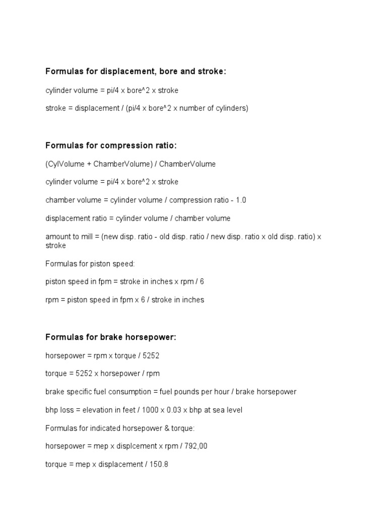 Formulas For Displacement, Bore and Stroke | PDF | Horsepower ...