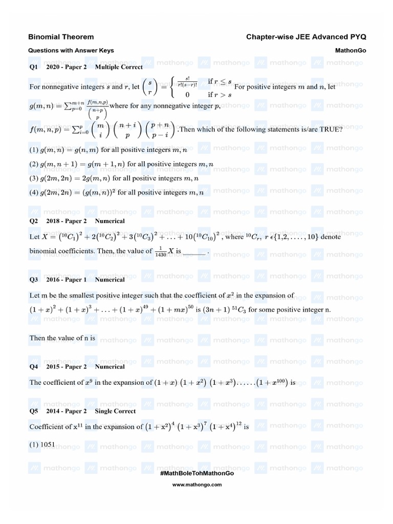 Question - Binomial Theorem - JEE Advanced PYQ | PDF