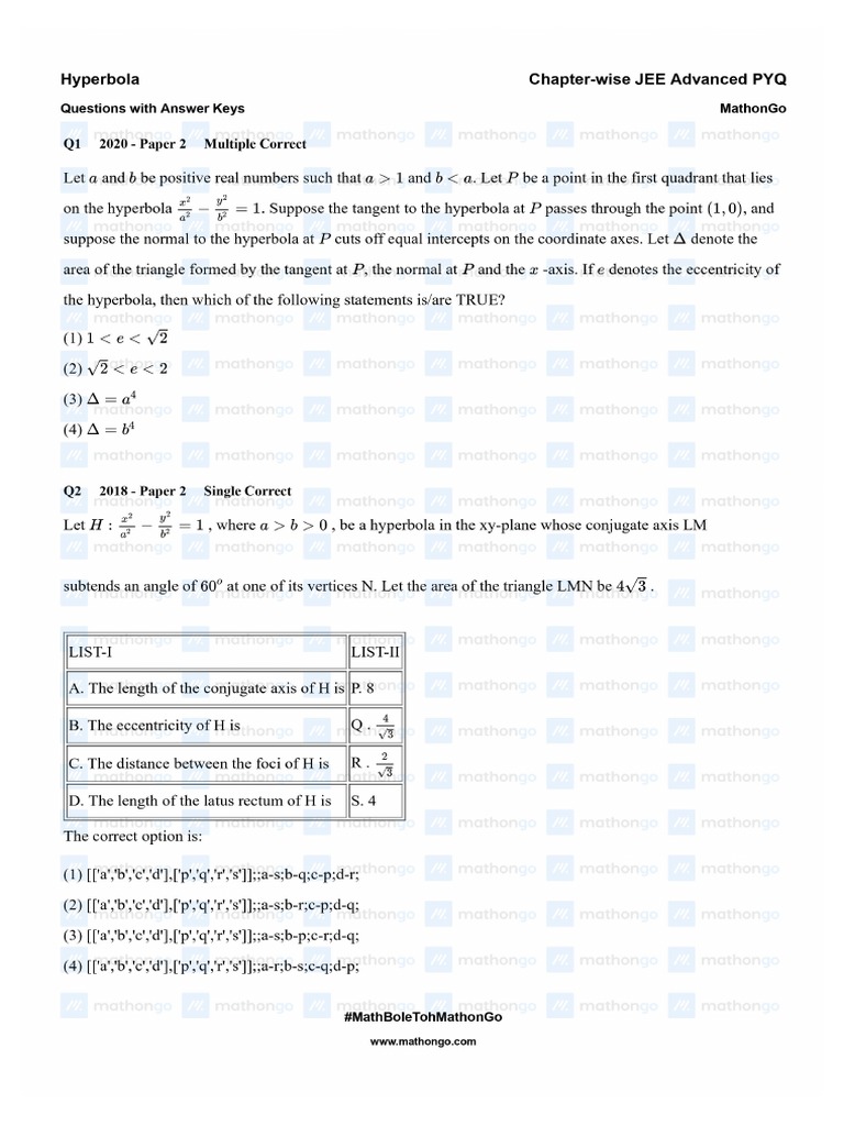 Question - Hyperbola - JEE Advanced PYQ | PDF