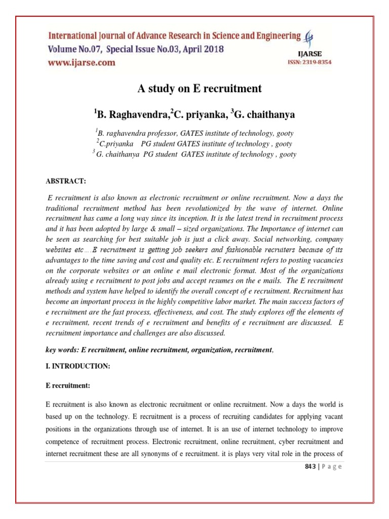 A Study On E Recruitment: B. Raghavendra, C. Priyanka, G. Chaithanya ...