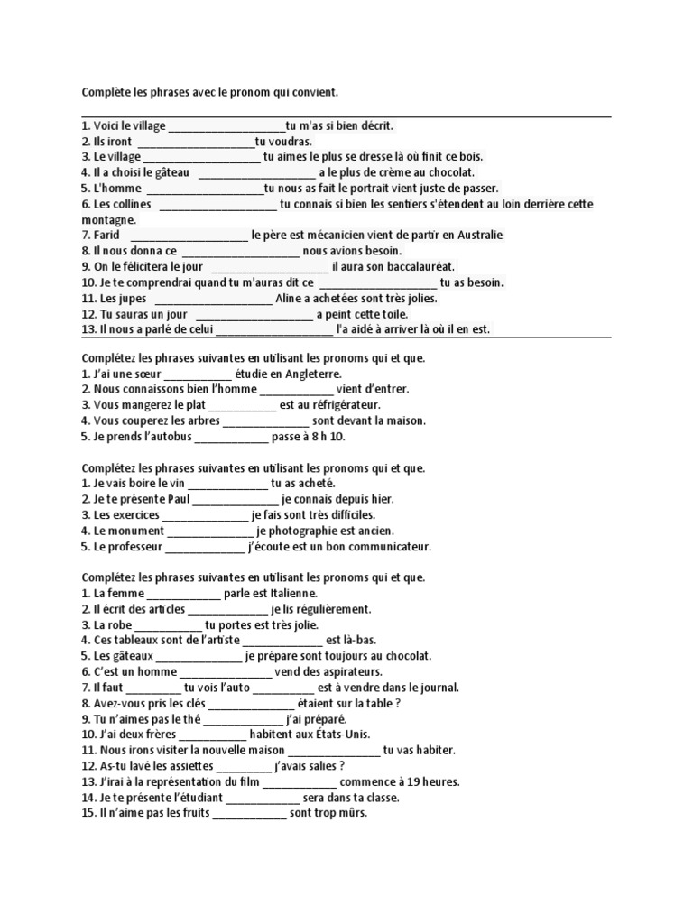 Exercices sur les pronoms qui et que | PDF