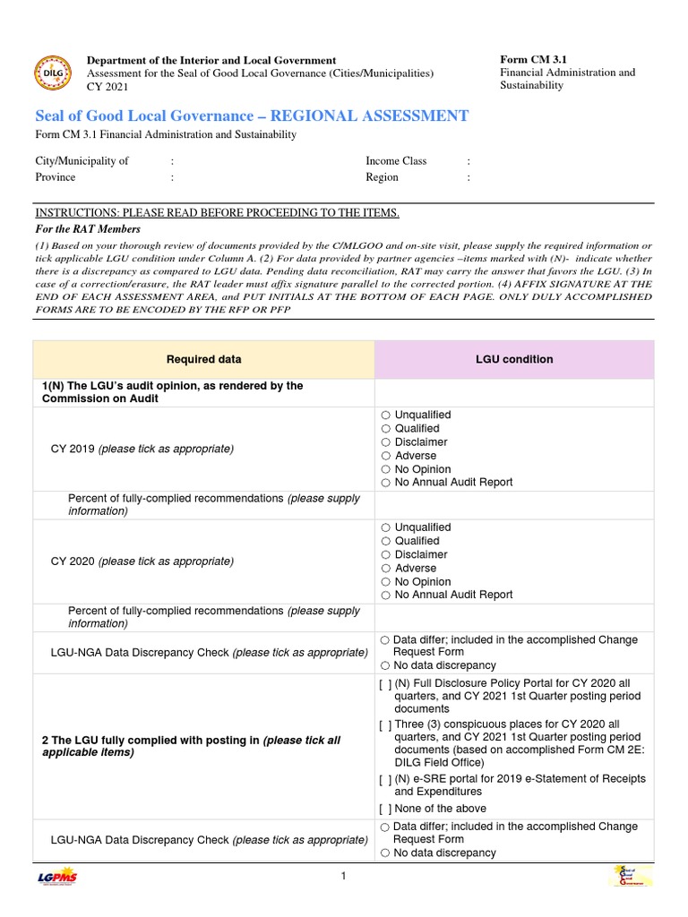 04 CM Sample LGU Assessment Data Capture Forms | PDF | Auditor's Report ...