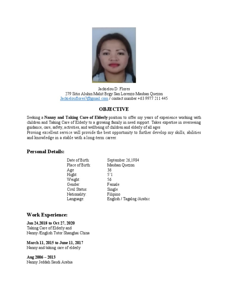 Jackie Taking Care of Elderly and Nanny CV | PDF | Nanny | Health Sciences