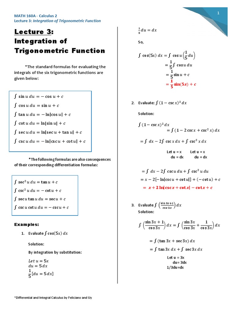 MATH 160A - Calculus 2 Lecture 3: Integration of Trigonometric Function ...