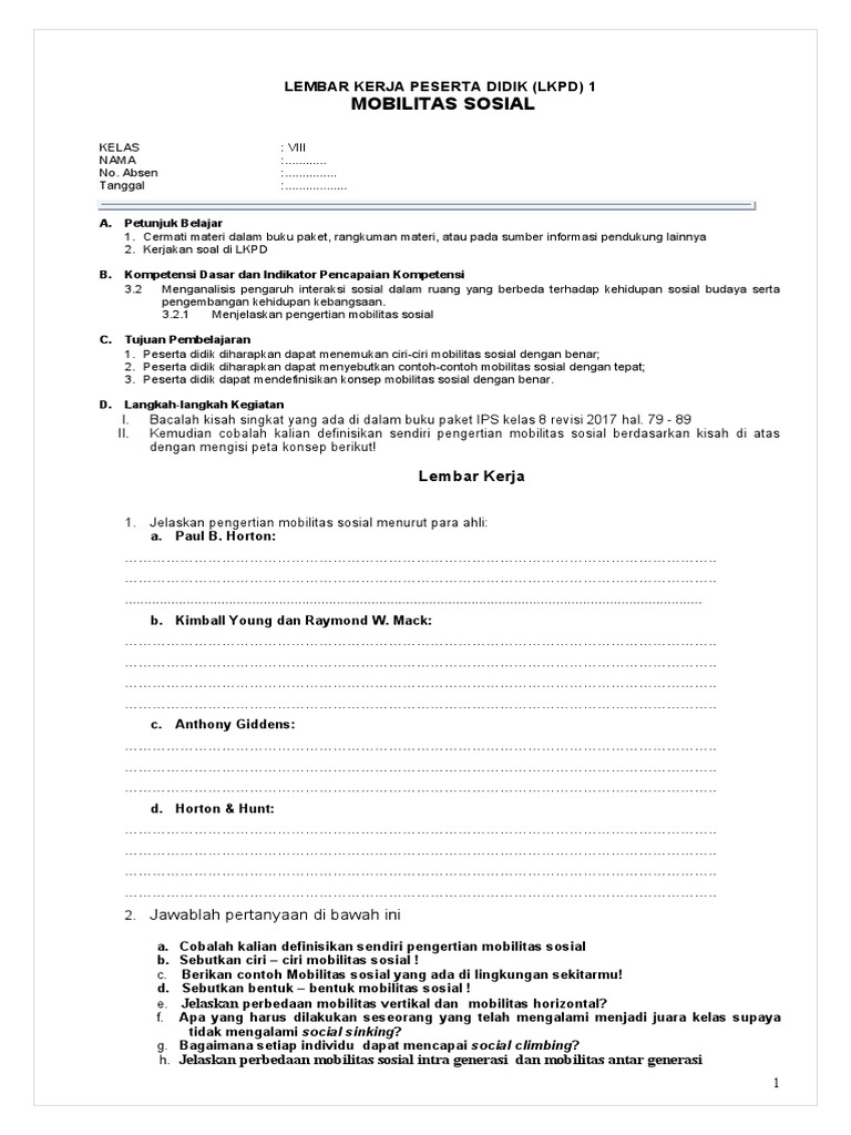 LKPD 1. Materi Konsep Mobilitas Sosial IPS Kelas 8 | PDF