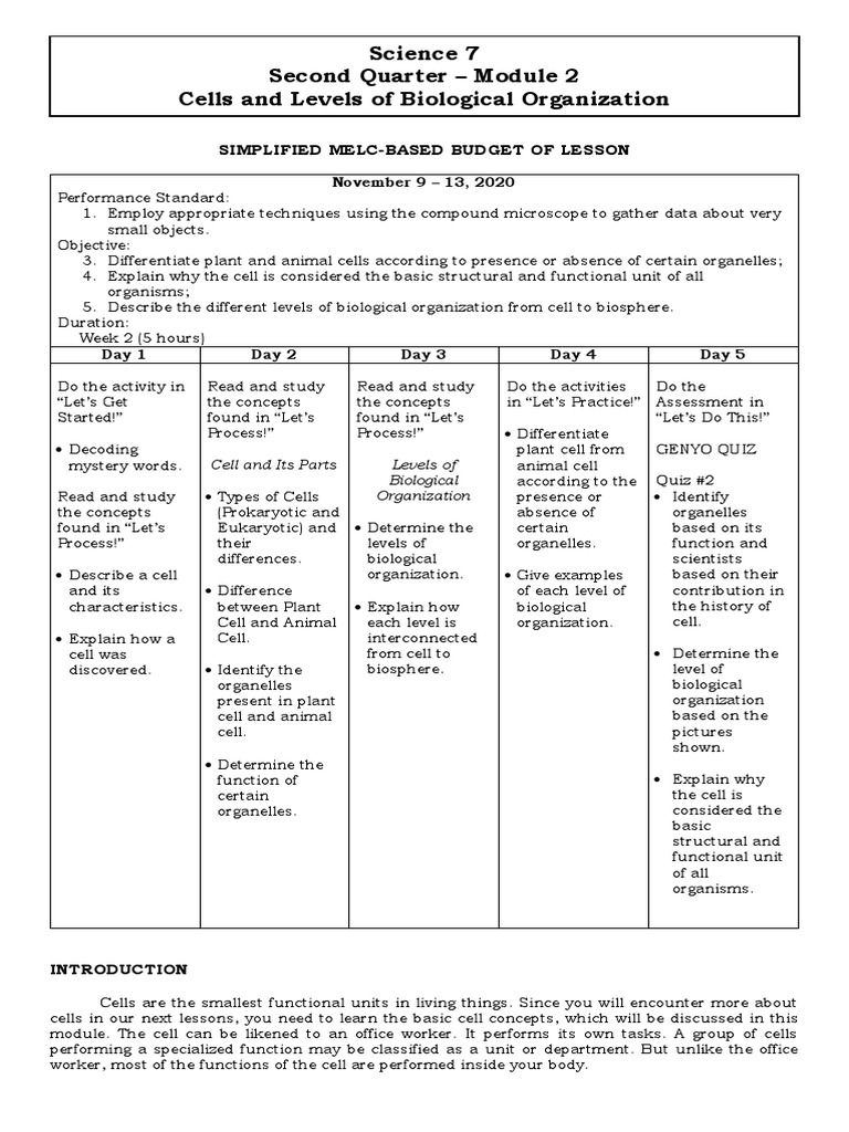 Science 7 Second Quarter - Module 2 Cells and Levels of Biological ...