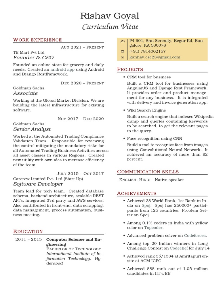 Rishav Goyal Curriculum Vitae: Ork Experience | PDF | Computing | Software Development