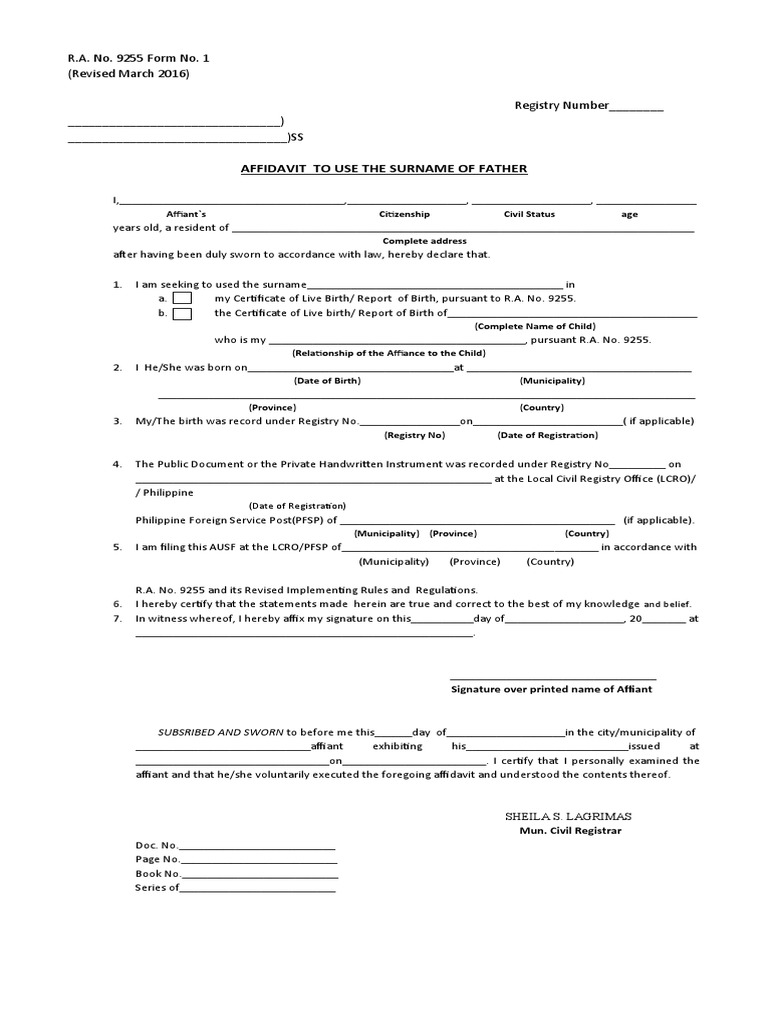 Affidavit for Father's Surname Use | PDF | Affidavit | Social Institutions