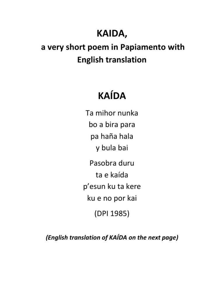 KAIDA by Dwight Isebia, A Very Short Poem in Papiamento With Its ...