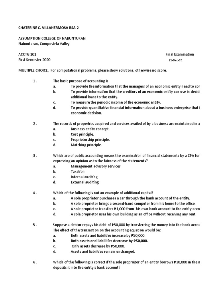 Accounting 101 Finals | PDF | Debits And Credits | Expense