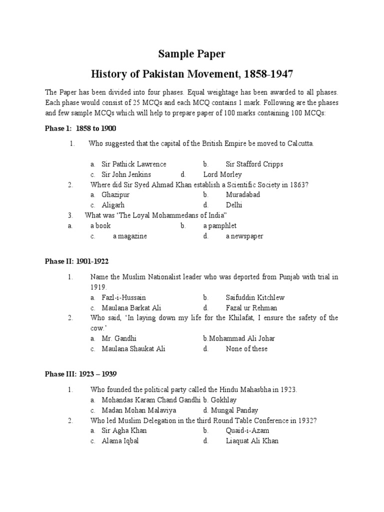 Sample Paper History of Pakistan Movement, 1858-1947: Phase 1: 1858 To ...
