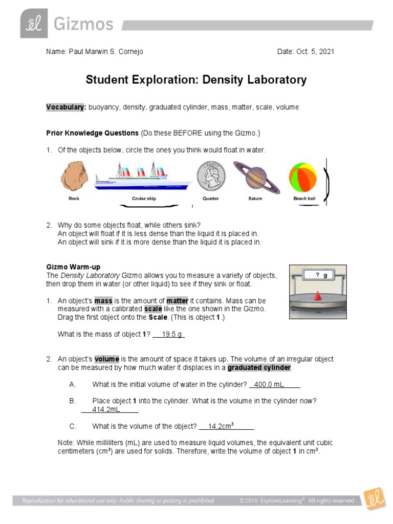 Student Exploration: Density Laboratory: Vocabulary: Buoyancy, Density ...