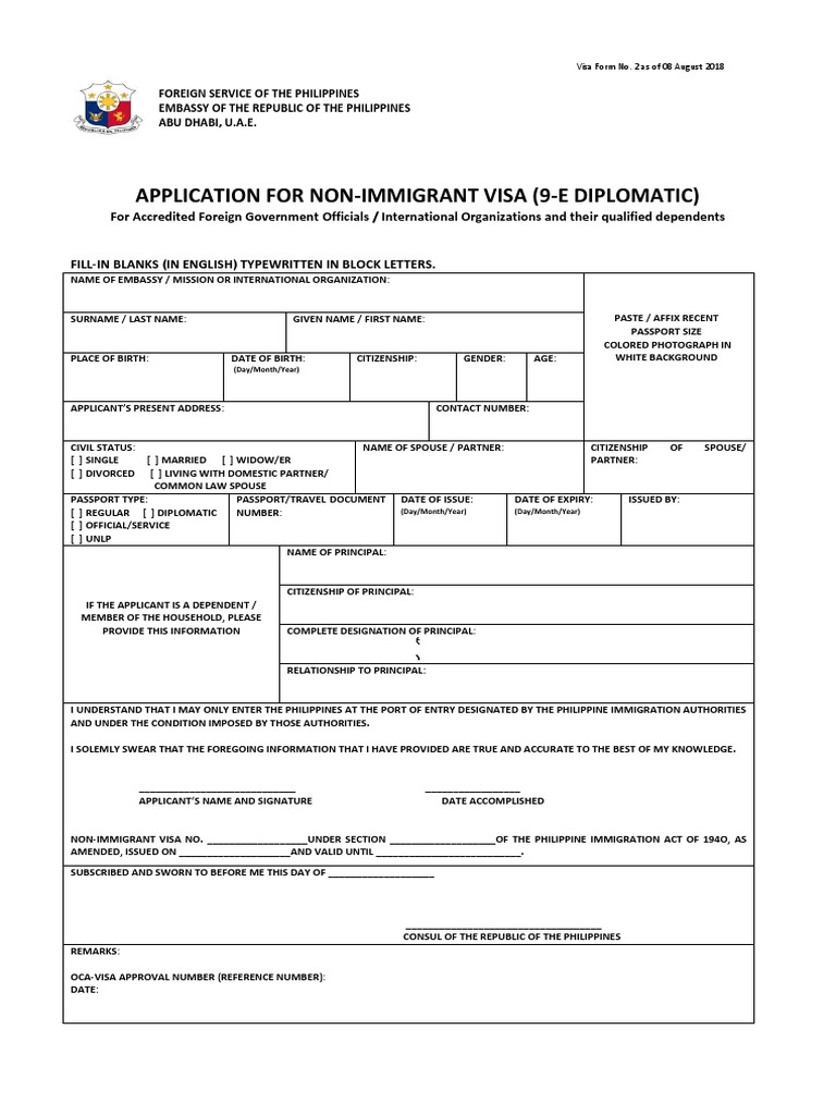 Application For Non-Immigrant Visa 9-E Diplomatic | PDF | Travel Visa ...