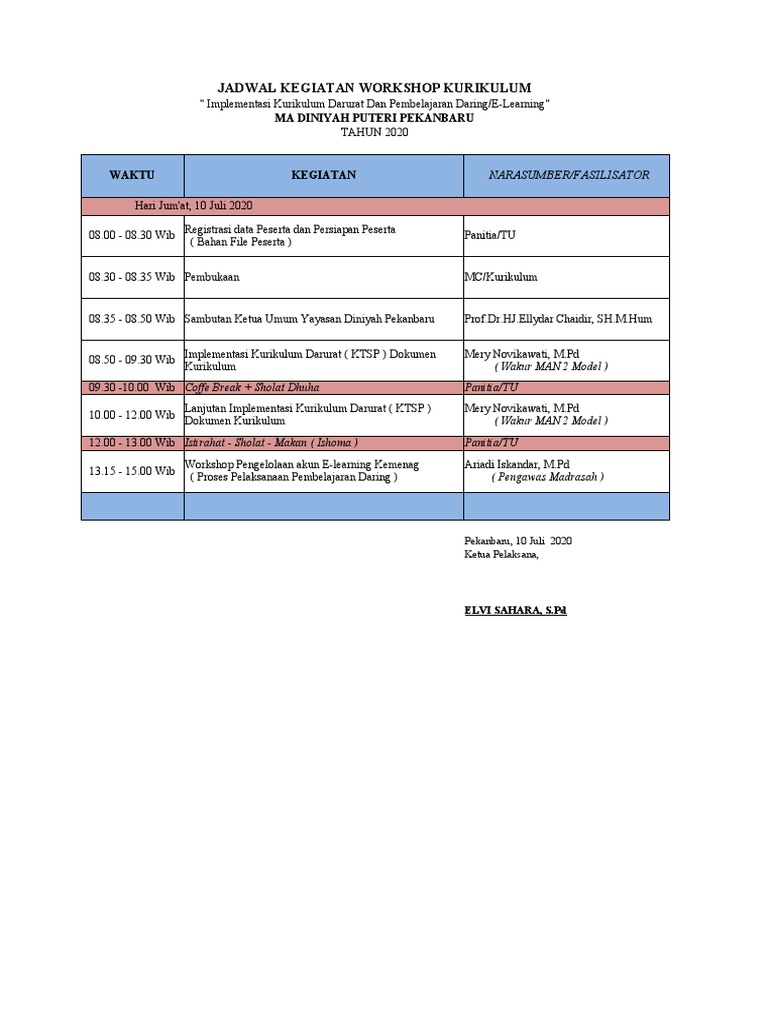 Jadwal Workshop Kurikulum | PDF