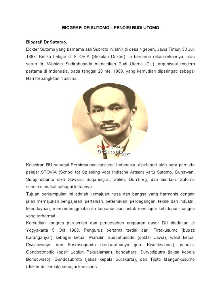 Biografi Dr. Sutomo, Pahlawan Budi Utomo | PDF