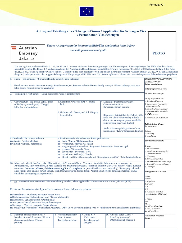 Form C1 - Antragsformular Schengenvisum de-Eng-Ind 2020 (Austria) | PDF