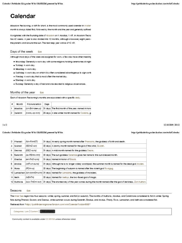 Calendar - Pathfinder Kingmaker Wiki - FANDOM Powered by Wikia | PDF