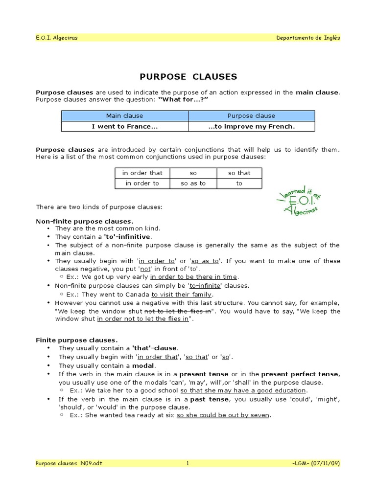 Purpose Clauses N09 | PDF | Clause | Grammar