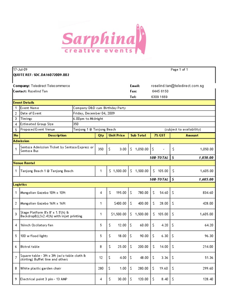 QUOTE REF: SDC - DA16072009.002 Email: Fax: Tel: Event Details Company ...