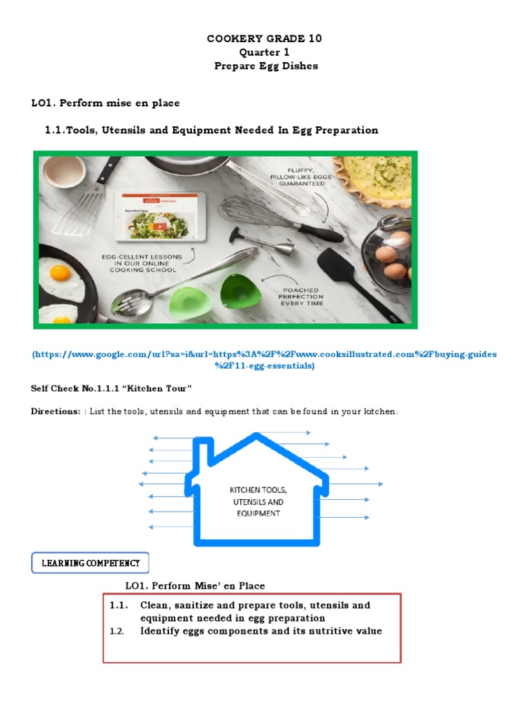 Cookery Grade 10 Quarter 1 Prepare Egg Dishes LO1. Perform Mise en ...