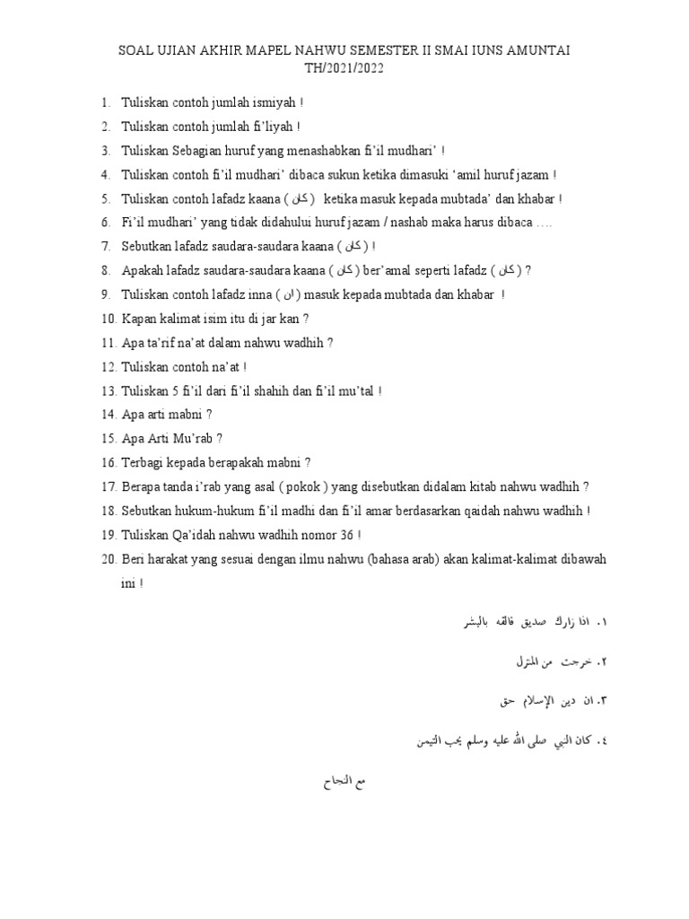 Soal Nahwu Wadhih Smai Iuns Kelas 11 | PDF | Agama & Spiritualitas