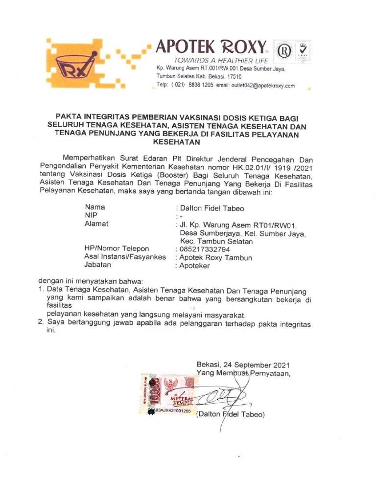 Pakta Integritas Apotek Roxy Tambun | PDF