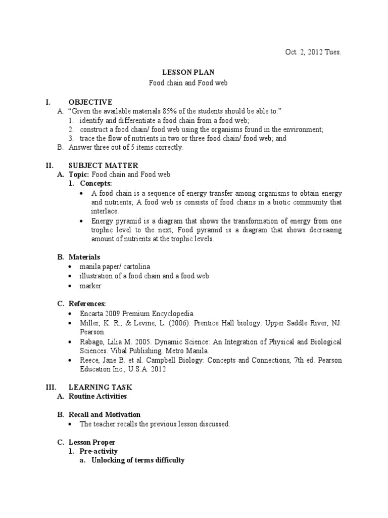 Food Chain and Web Lesson Plan | PDF | Science & Mathematics