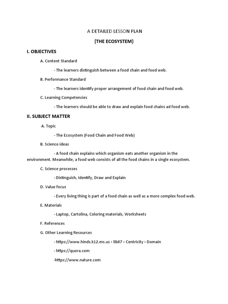 (The Ecosystem) I. Objectives: A Detailed Lesson Plan | PDF | Cell ...