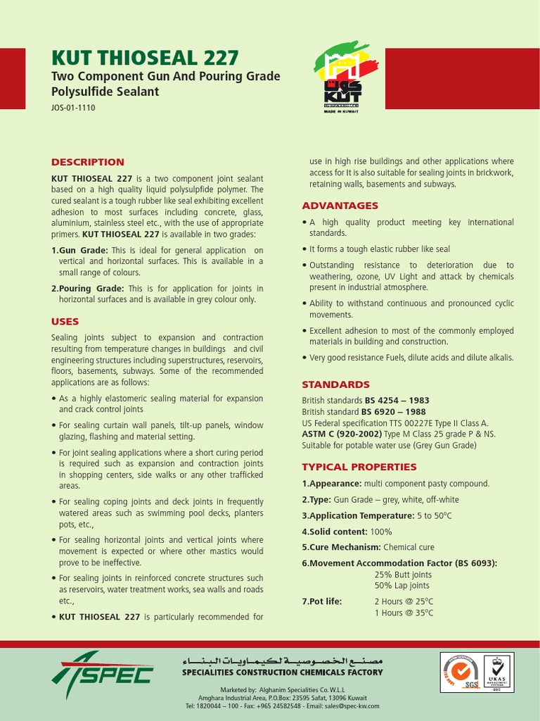 Kut Thioseal 227: Two Component Gun and Pouring Grade Polysulfide ...