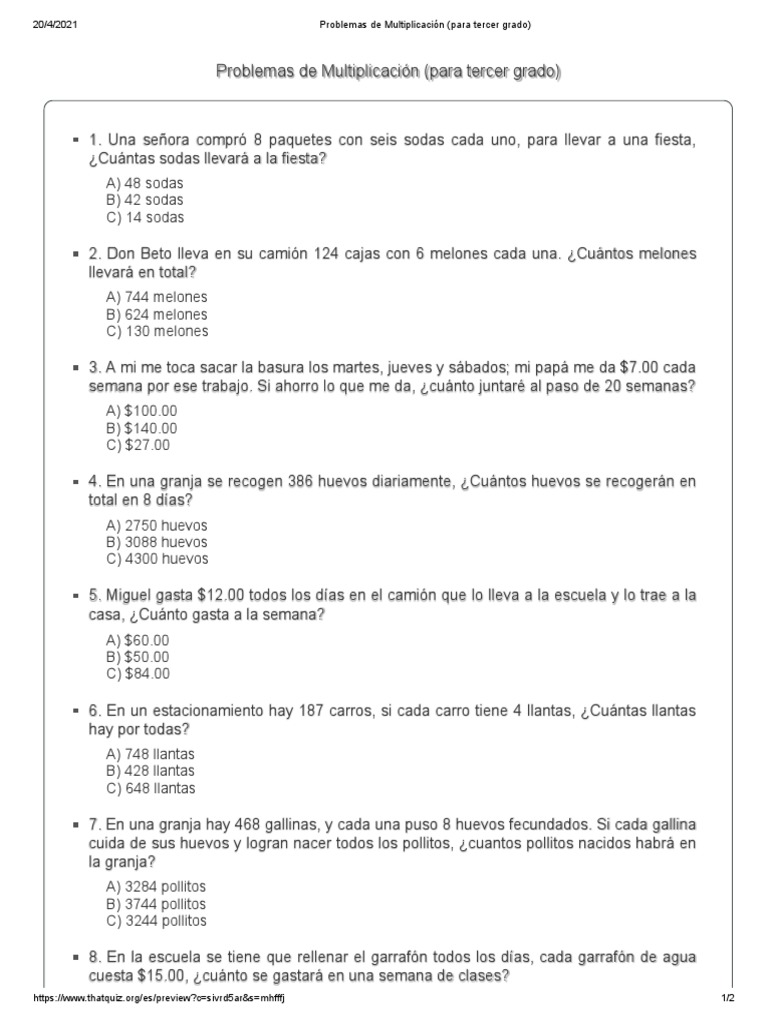 Problemas de Multiplicación 3er Grado | PDF