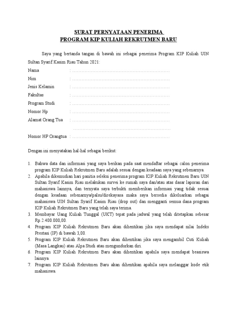 Surat Pernyataan Penerima Kip | PDF