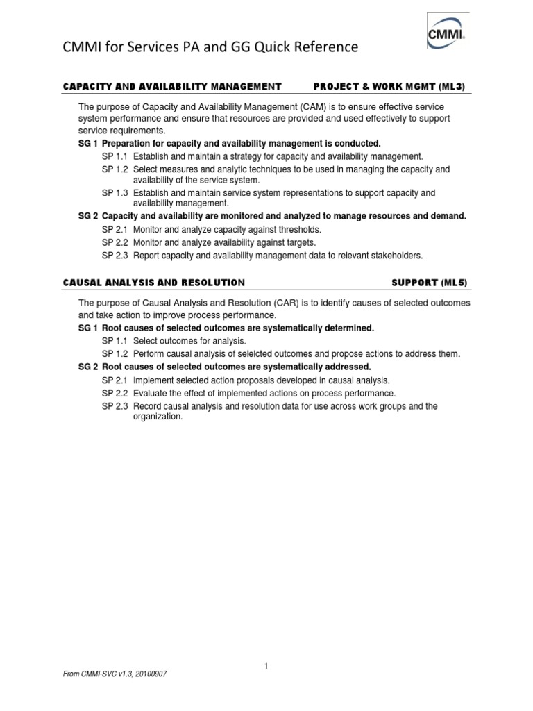 CMMI For Services PA and GG Quick Reference: From CMMI-SVC v1.3 ...