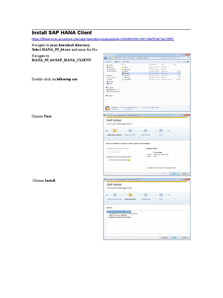 Install SAP HANA Client: Navigate To Your Download Directory. Navigate To | PDF | Business