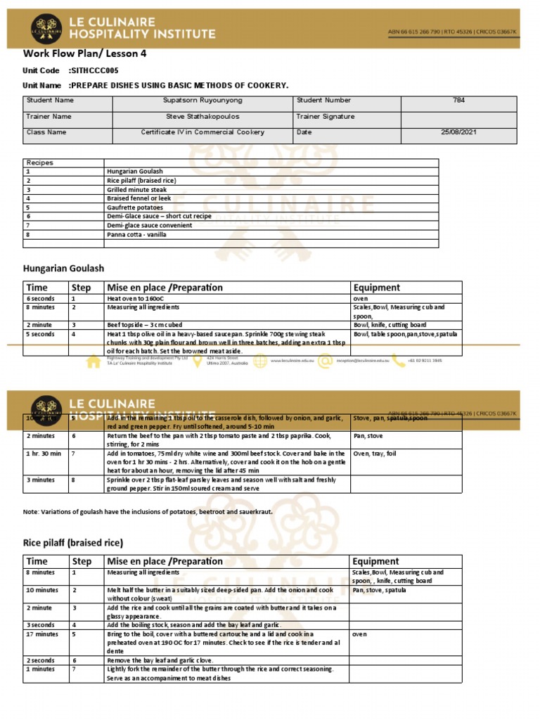 Work Flow Plan for Unit SITHCCC005 Prepare Dishes Using Basic Methods ...