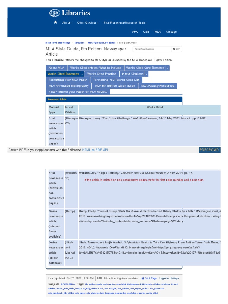 Guidelines for Citing Newspaper Articles in MLA Style | PDF | Citation ...