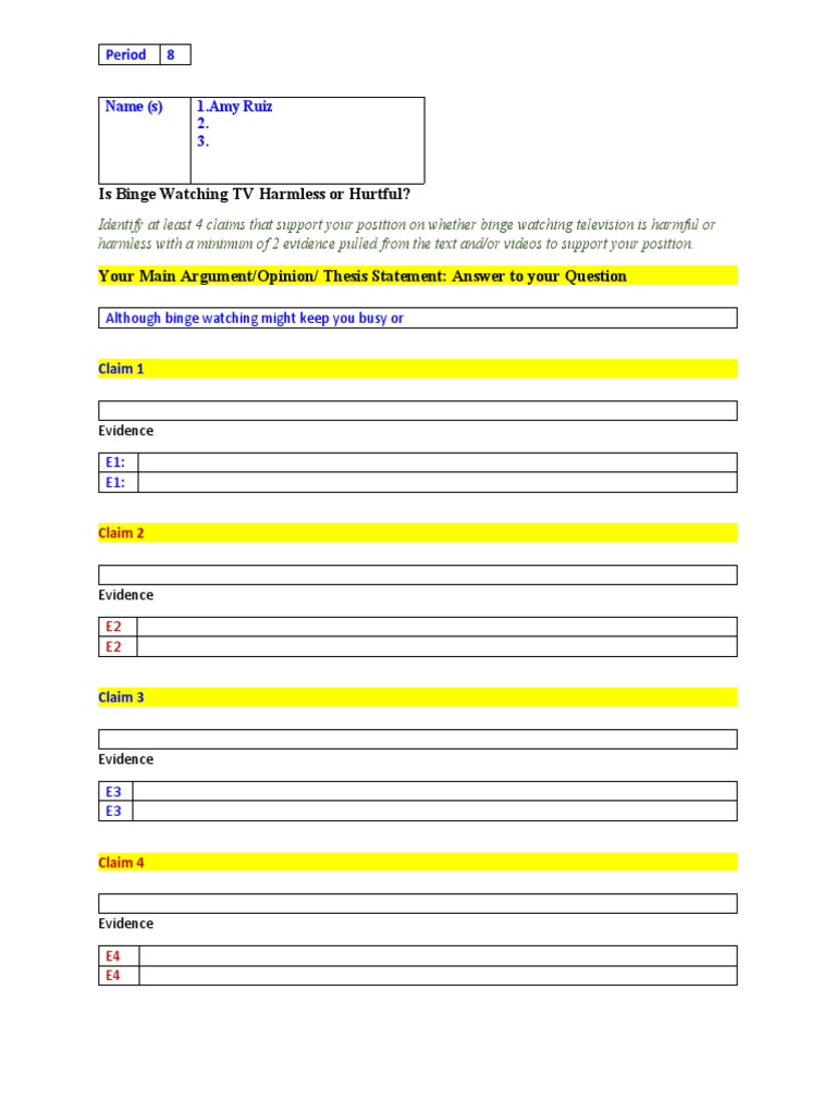 Is Binge Watching TV Harmless or Hurtful Worksheet | PDF | Law