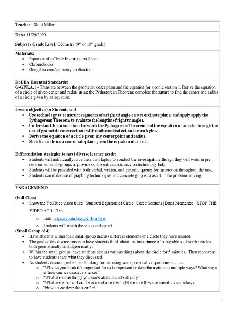 5e Lesson Plan - Equation of A Circle | PDF | Circle | Triangle