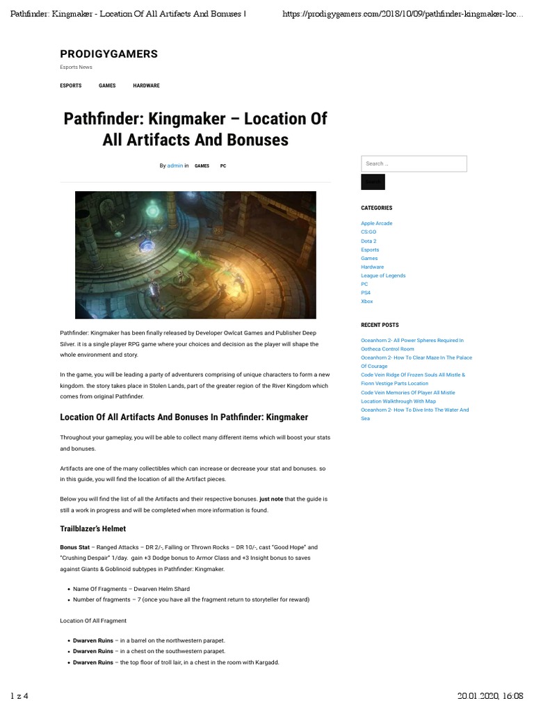 Pathfinder: Kingmaker - Location of All Artifacts and Bonuses | PDF