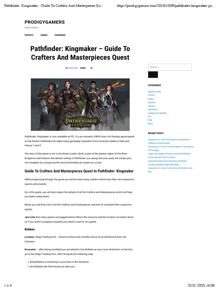 Pathfinder: Kingmaker - Guide To Crafters and Masterpieces Quest | PDF
