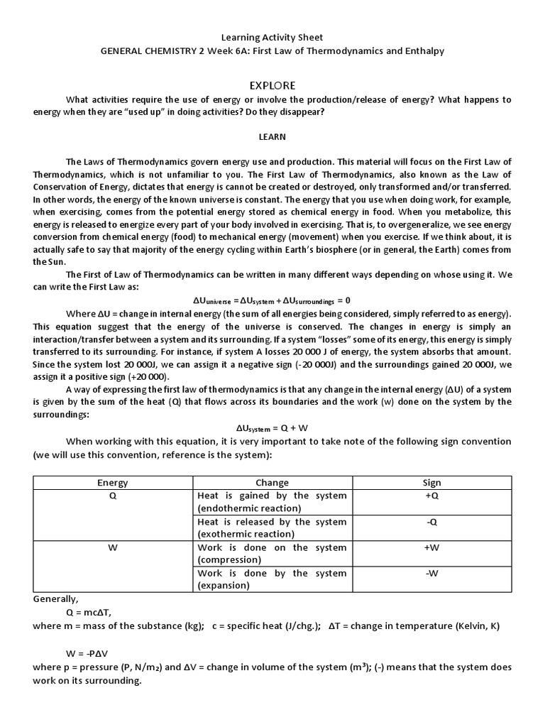 First Law of Thermodynamics Explained | PDF | Enthalpy | Heat