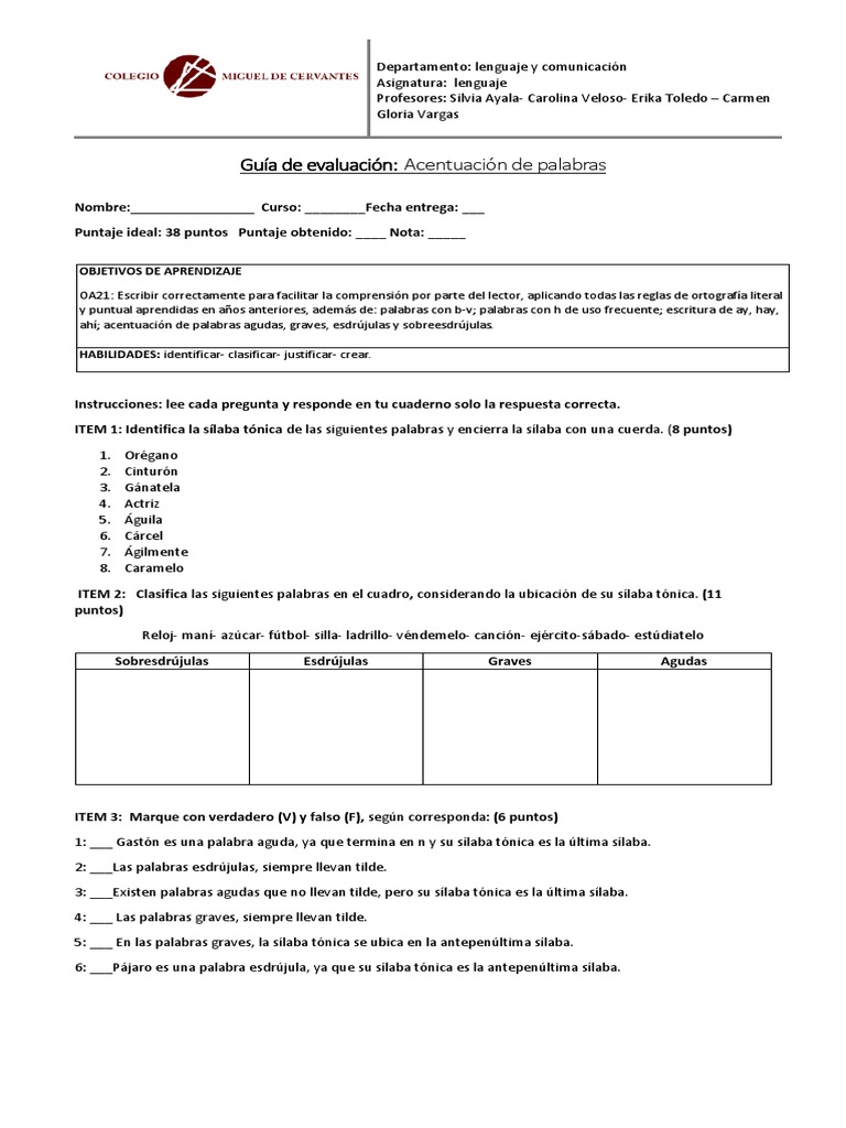 Guía de Evaluación Acentuación | PDF | Idiomas | Estudios de idiomas extranjeros