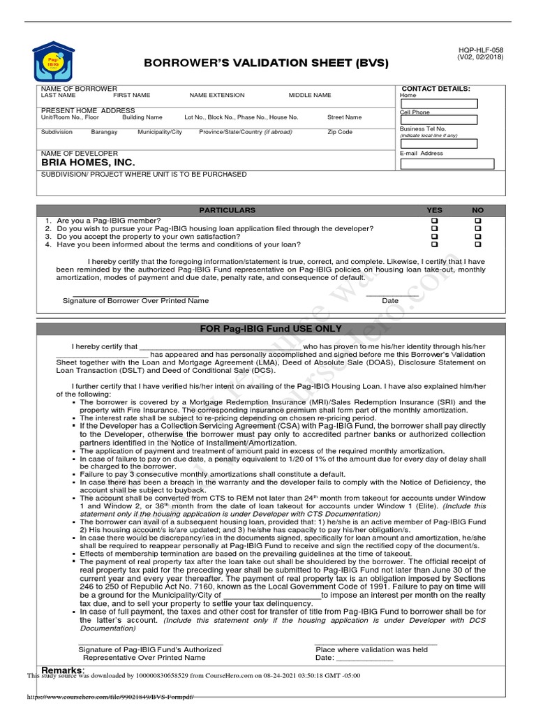 BVS Form PDF | PDF | Loans | Mortgage Loan