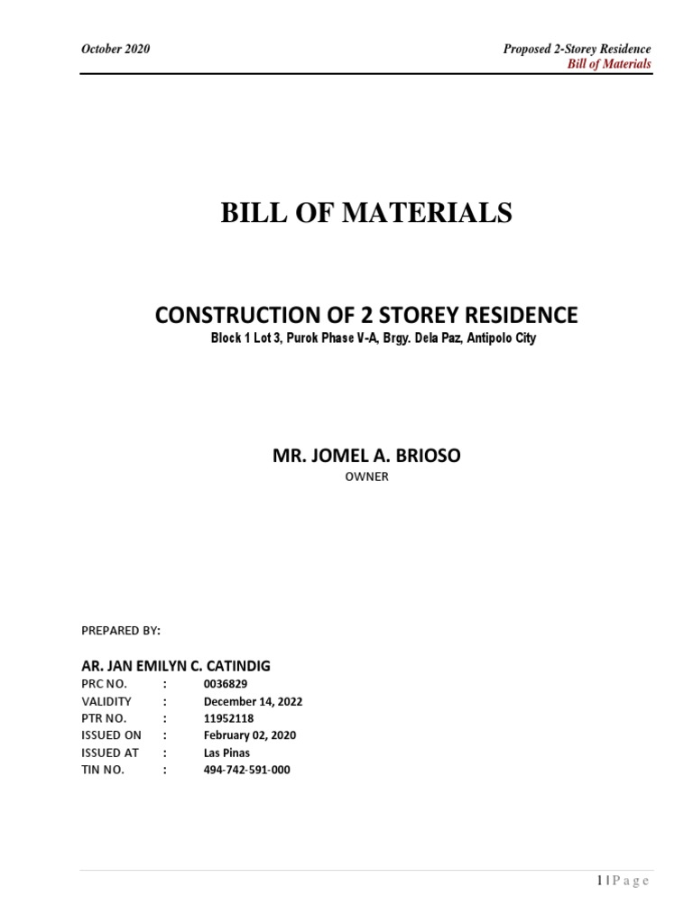 Bill of Materials: Construction of 2 Storey Residence | PDF | Wall ...